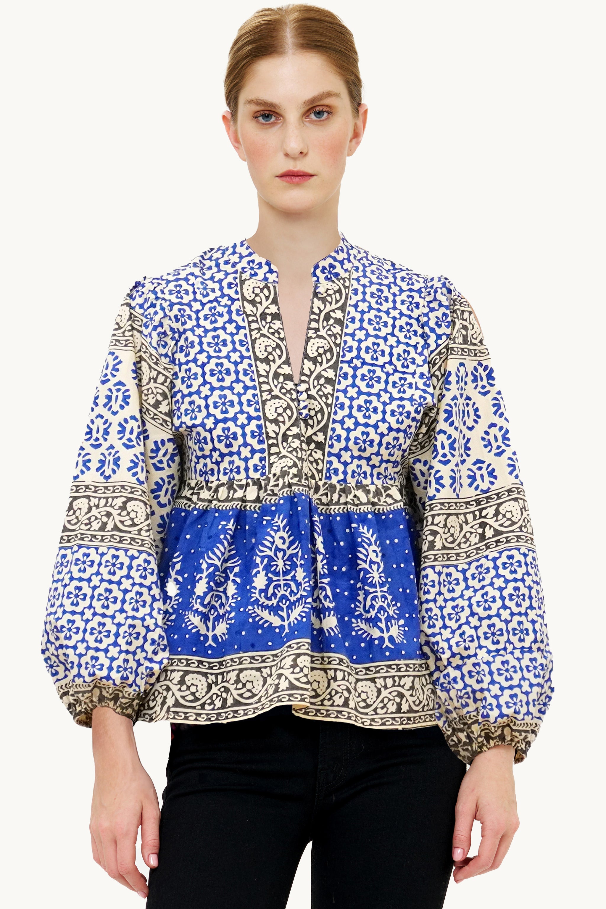 Mandarin Balloon Top- Jaisalmer Cobalt
